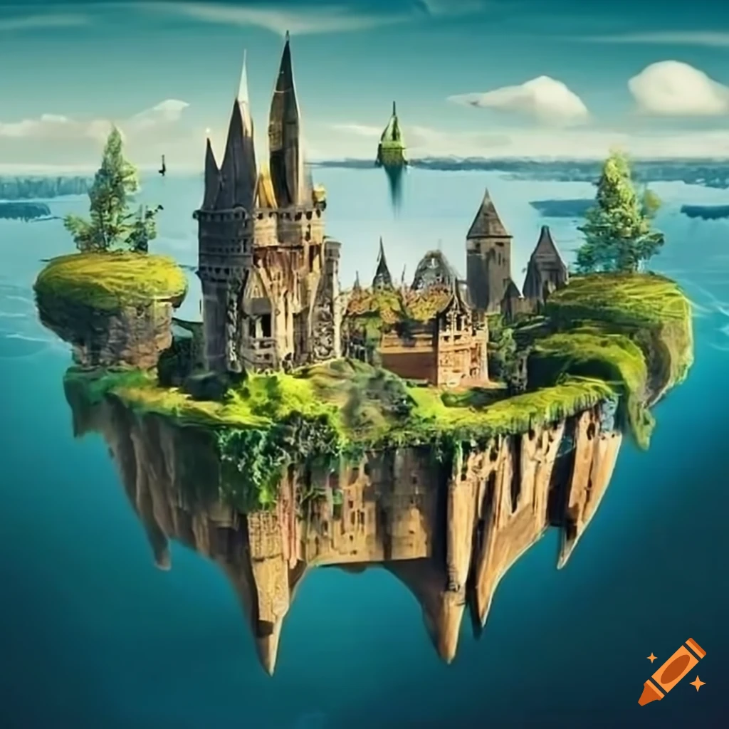Artwork of a floating island with a medieval city and castle