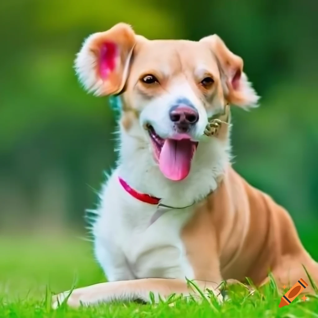 White and tan dog lying in the grass on Craiyon
