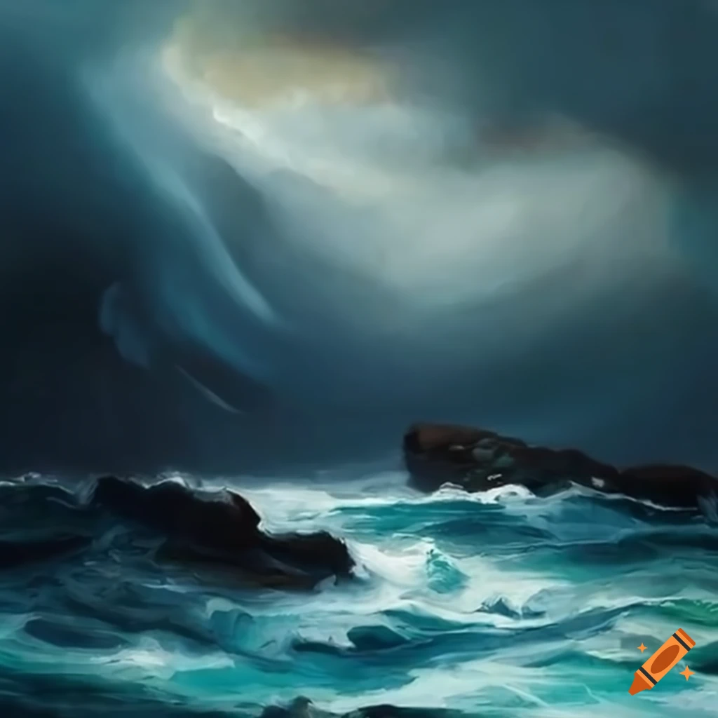 Painting of waves crashing against rocks in a storm