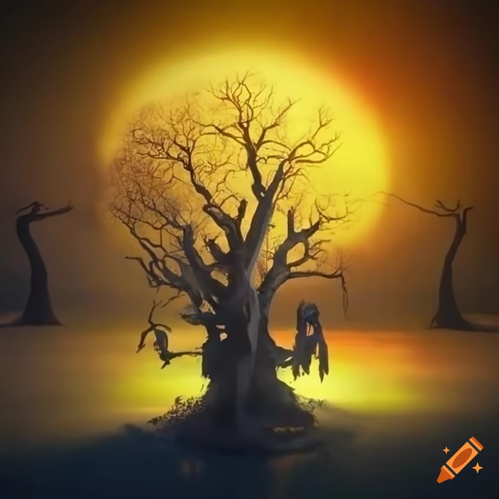 Surreal park with strange creatures and fantastical elements