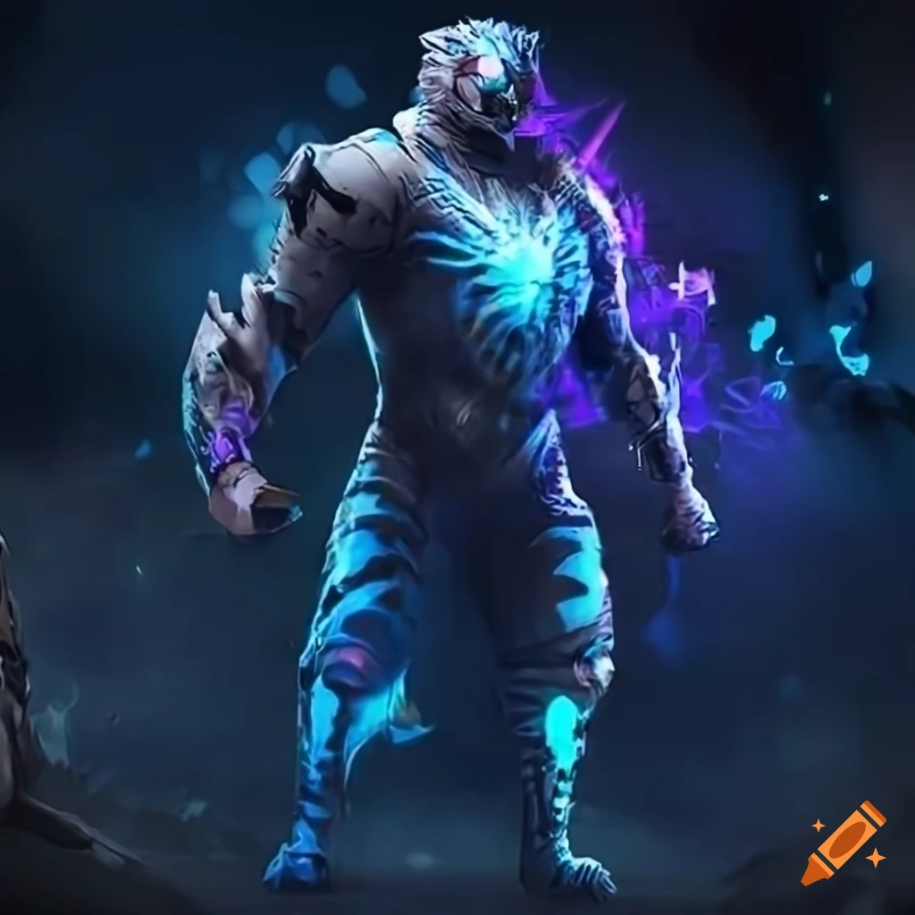 Futuristic blue and red tiger standing ready to fight