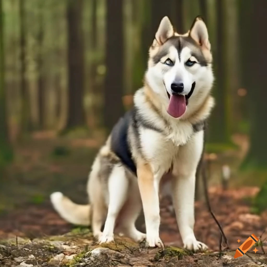 Photo of a swiss shepherd and husky mix dog in the forest