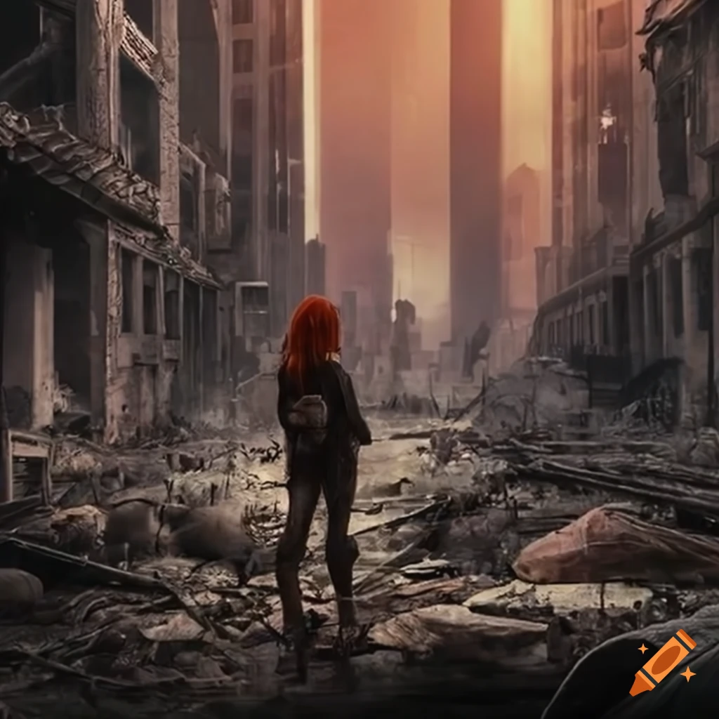 Post-apocalyptic cityscape with a redheaded survivor