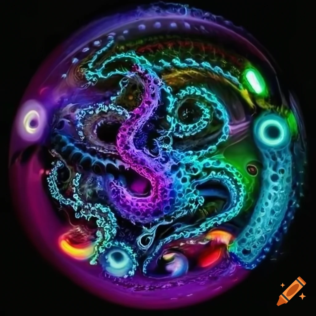 Neon artwork of a kraken emerging from the depths