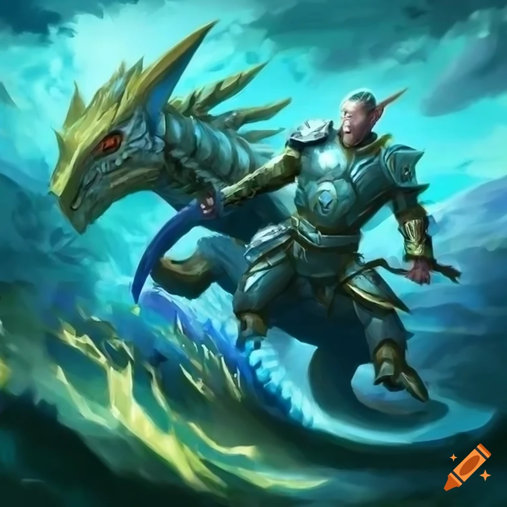 Epic artwork of a paladin sea elf fighting a dragon turtle