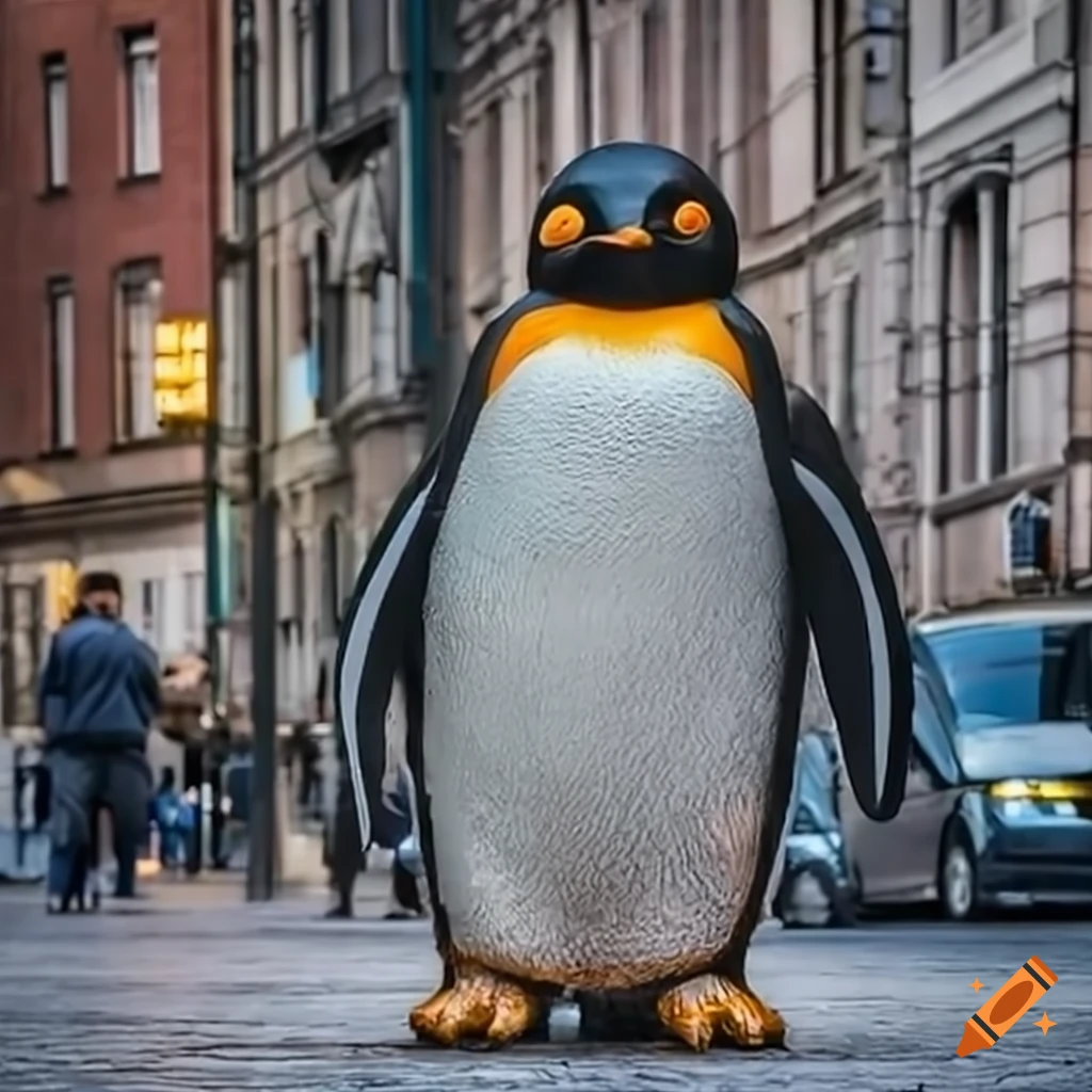Giant penguin sculpture on a city street