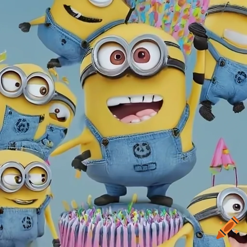 Minions celebrating birthday with cake and confetti on Craiyon