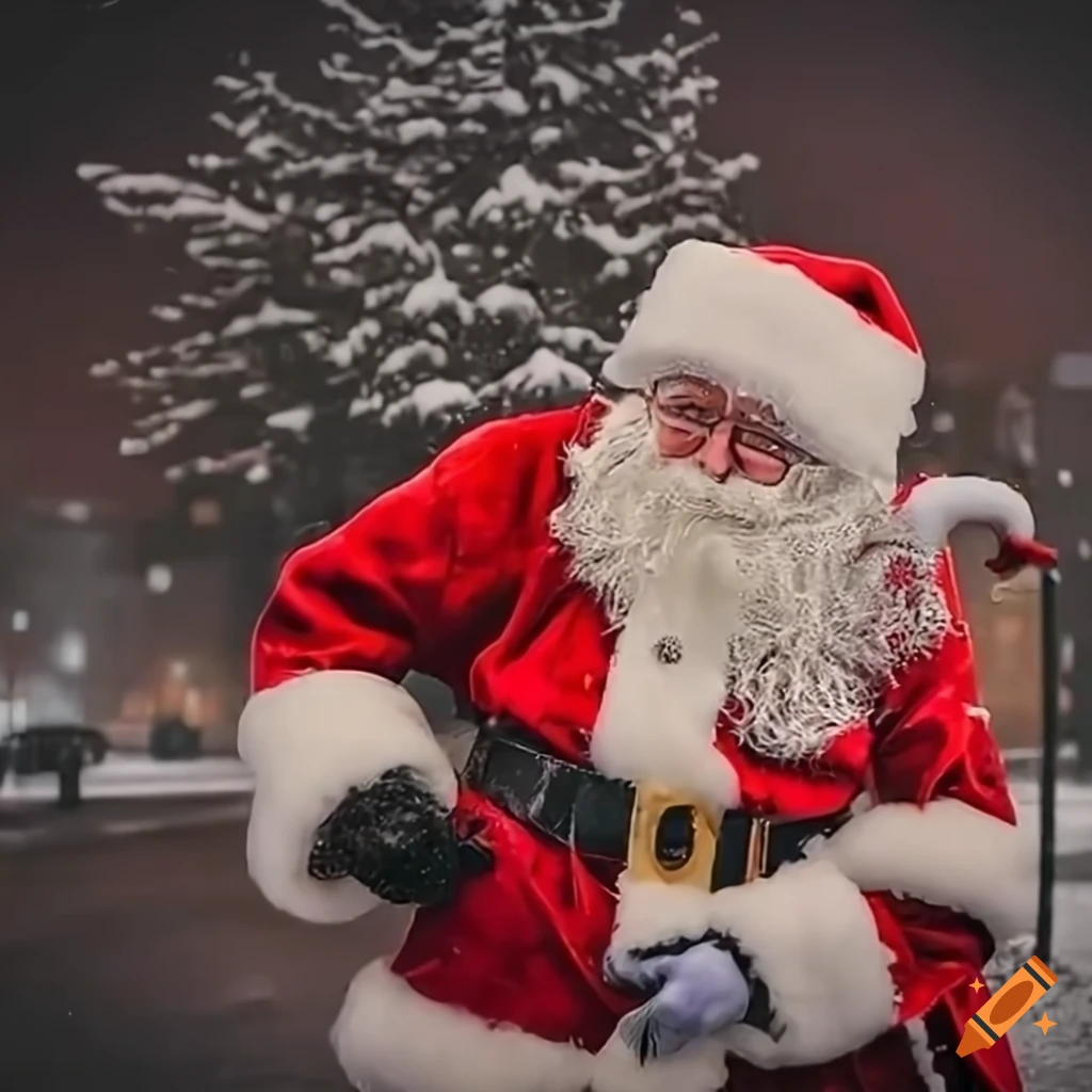 Intricate artwork of sad santa in snowstorm