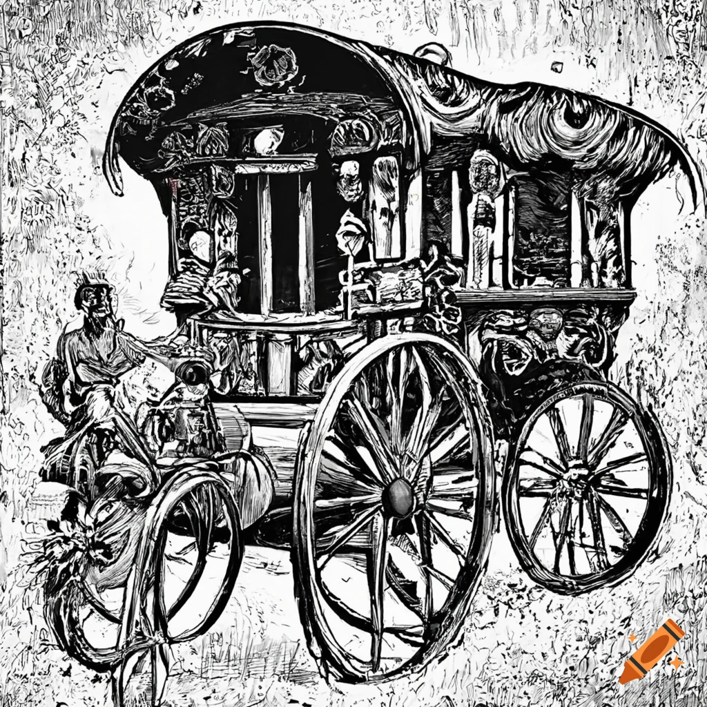 Black and white drawing of a romany gypsy caravan
