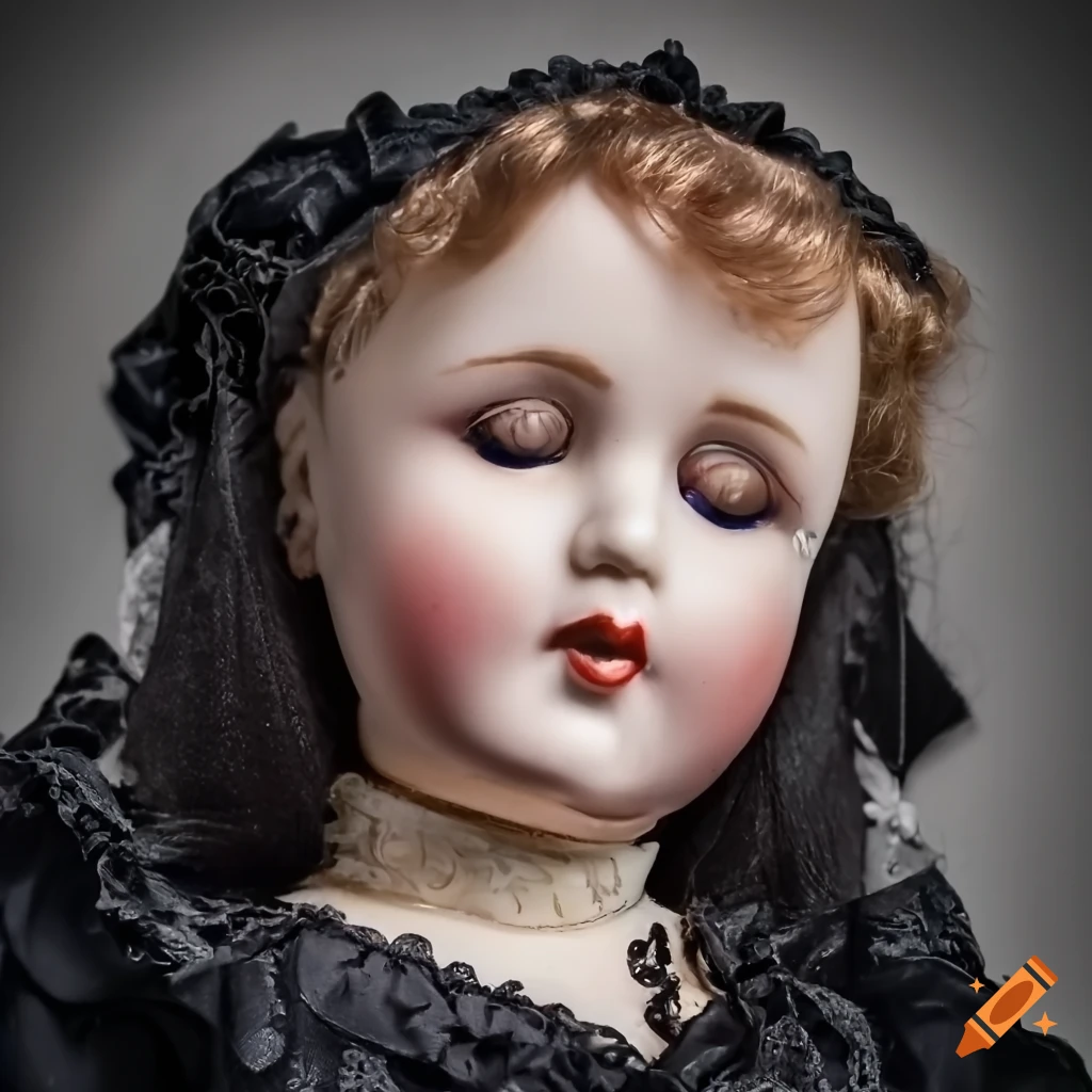 Sharp focus photograph of a Victorian doll in mourning dress on Craiyon