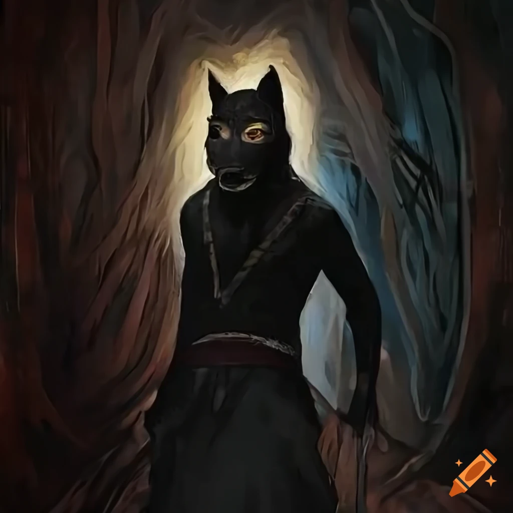 Black ninja wearing a tribal wolf mask in an alley