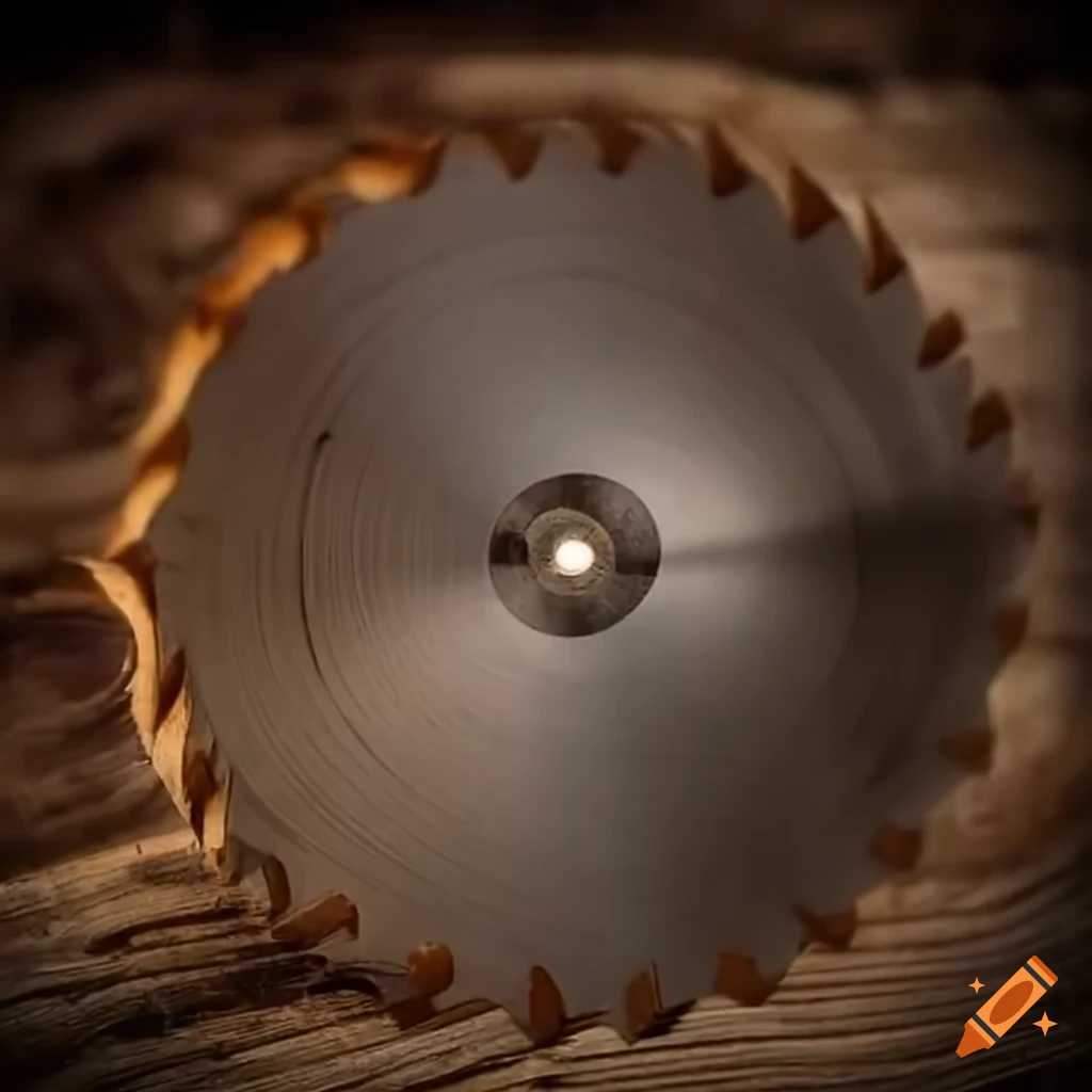 Wood saw blade cutting through wood on Craiyon