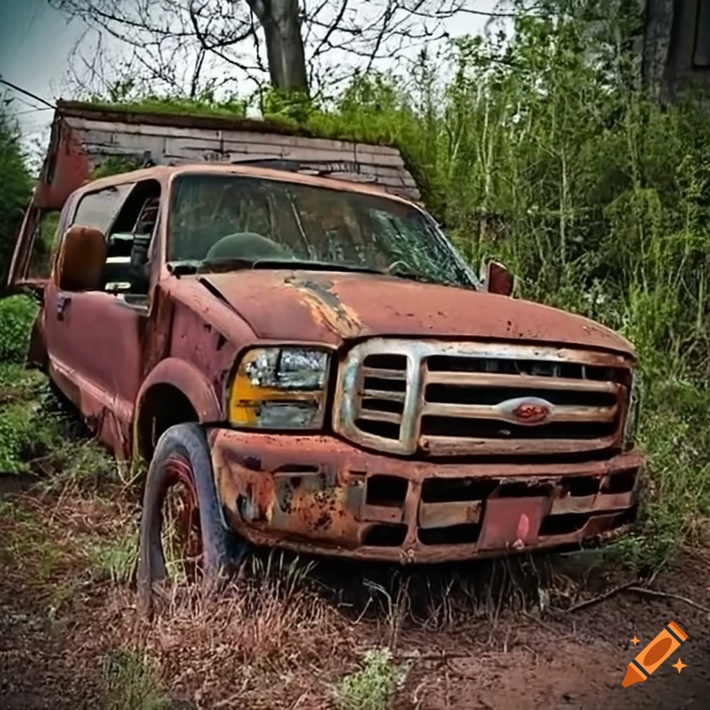 Rusty red ford excursion in an abandoned backyard on Craiyon