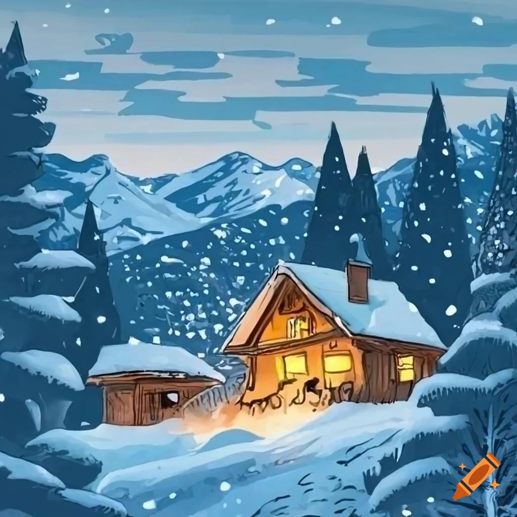 Artistic drawing of a chalet in a snowy valley with big cats