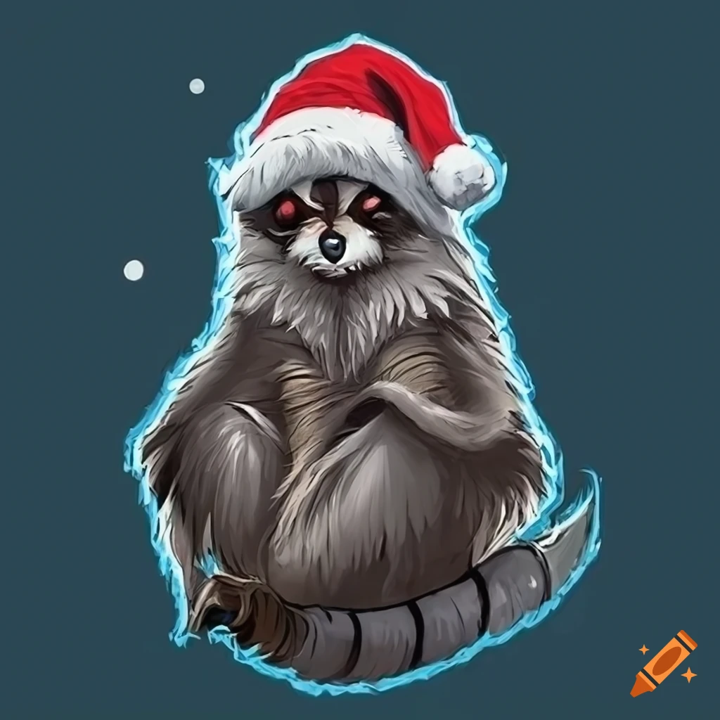 Fantasy raccoon wearing santa hat