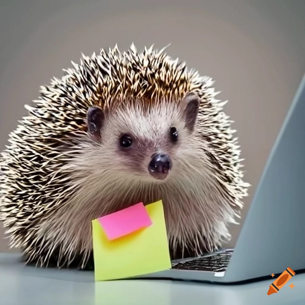 Hedgehog with papers and laptop in an office on Craiyon