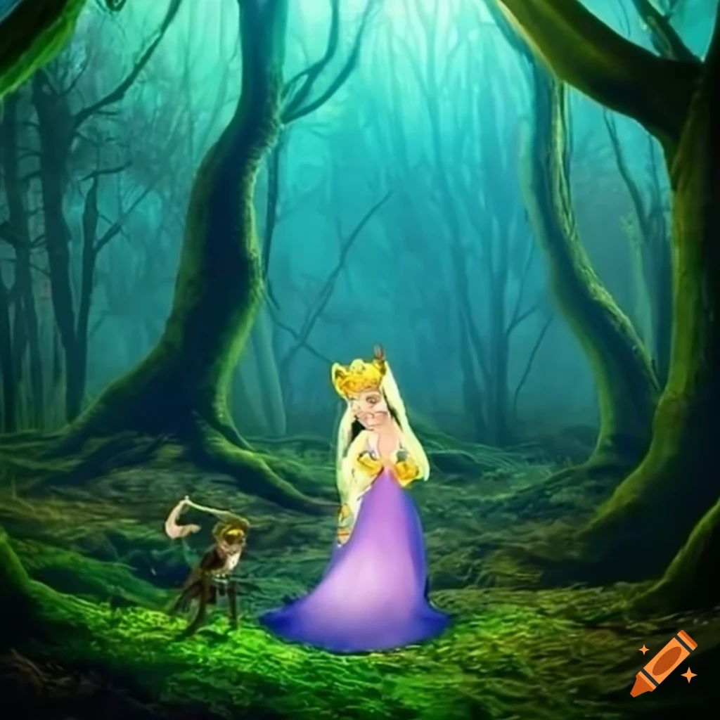 Prince walking away from sleeping princess in a magical forest on Craiyon