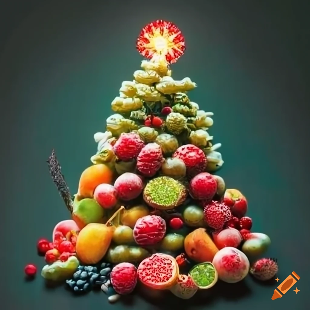 Festive christmas tree made of colorful fruits