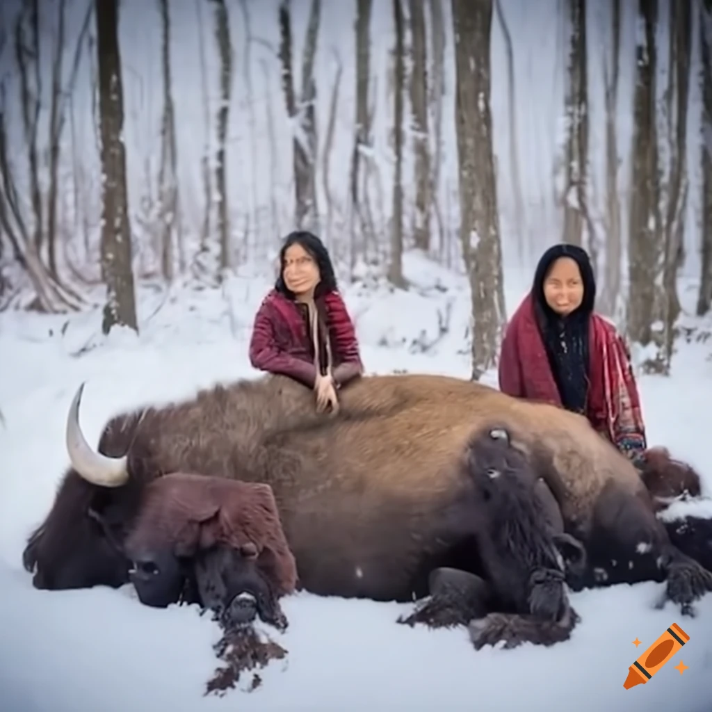 Filipino women discovering a dead bison in the snow