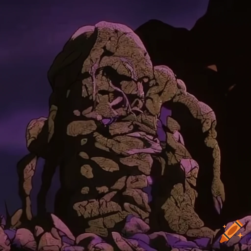 Giant moss-covered stone statue in 90s anime style