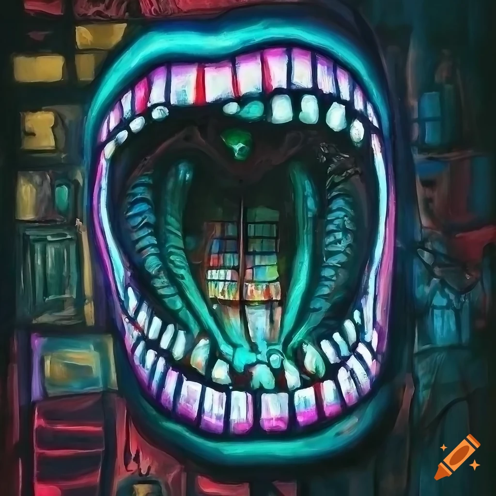 Dystopian painting of a monstrous mouth with sharp teeth on Craiyon