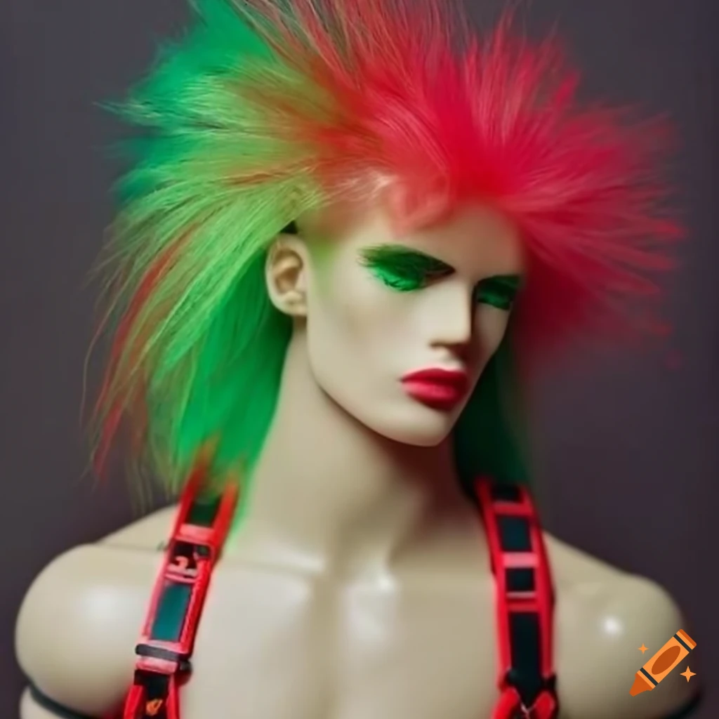 Detailed fashion doll with punk rocker hair and green harness on Craiyon