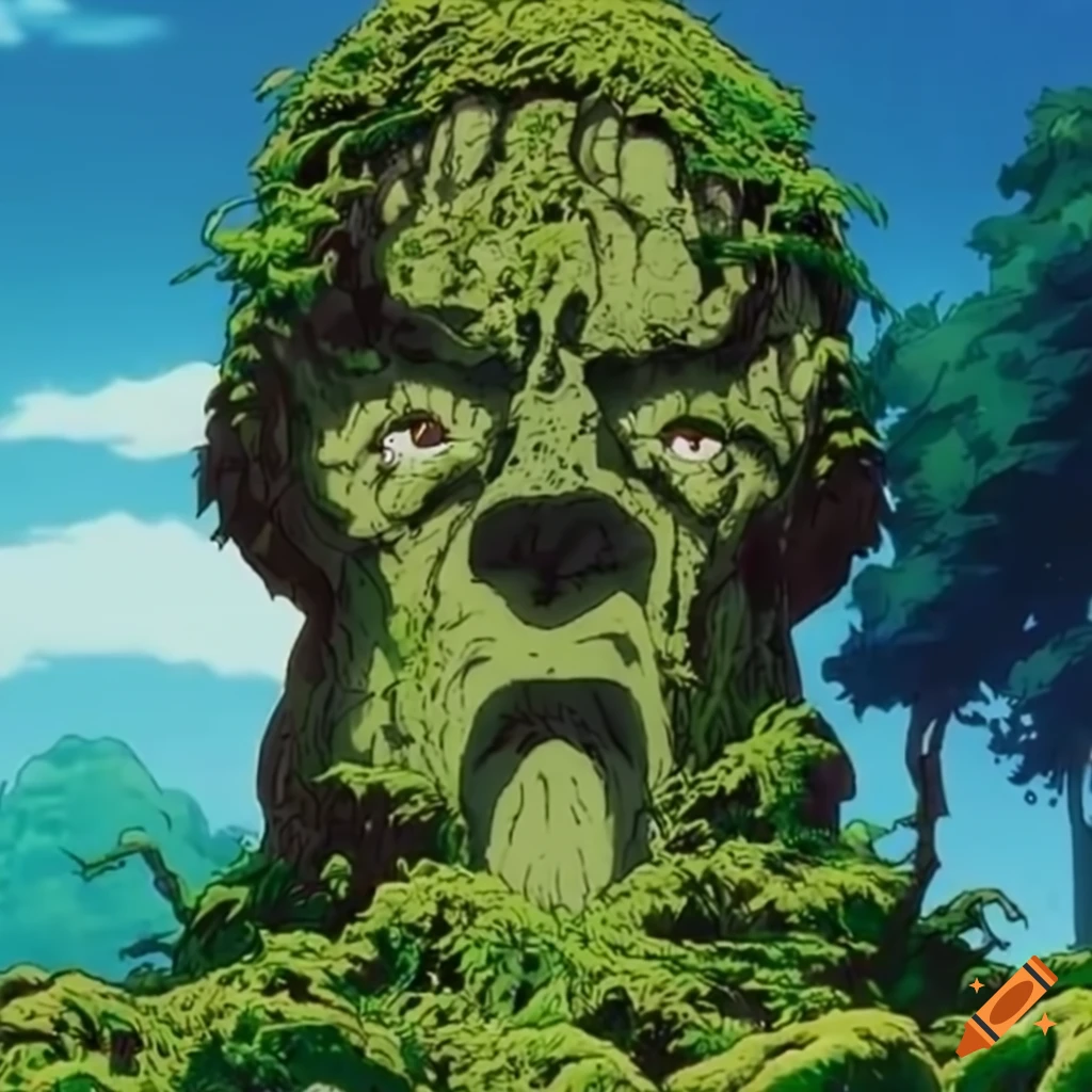 Moss-covered giant stone statue in anime