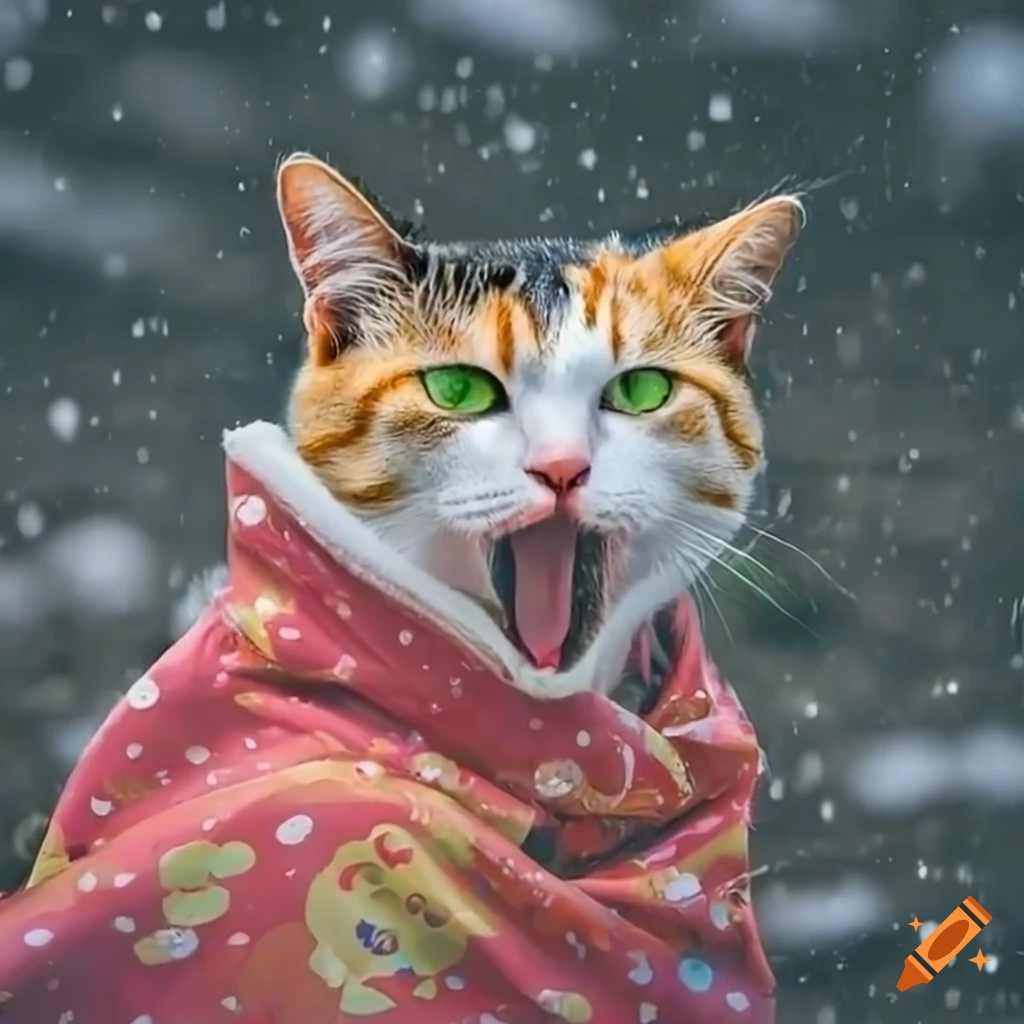 Calico cat wearing traditional japanese dress in the snow