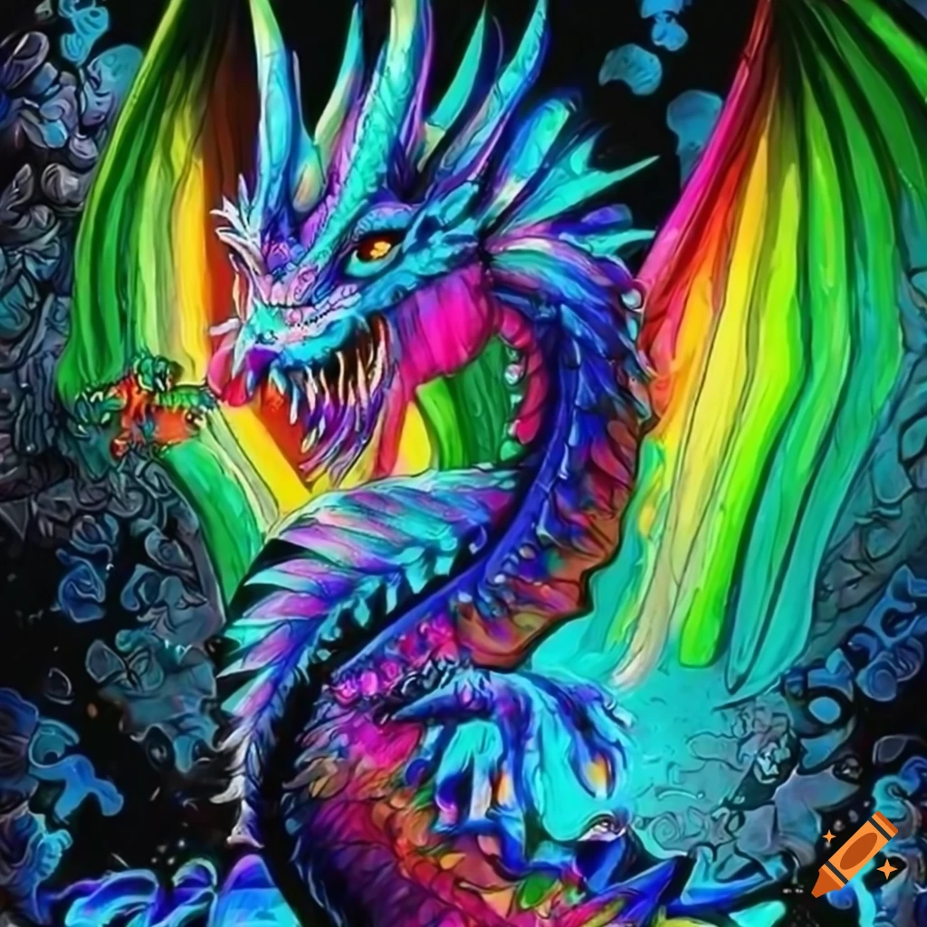 Illustration of a vibrant blue dragon with rainbow wings on Craiyon
