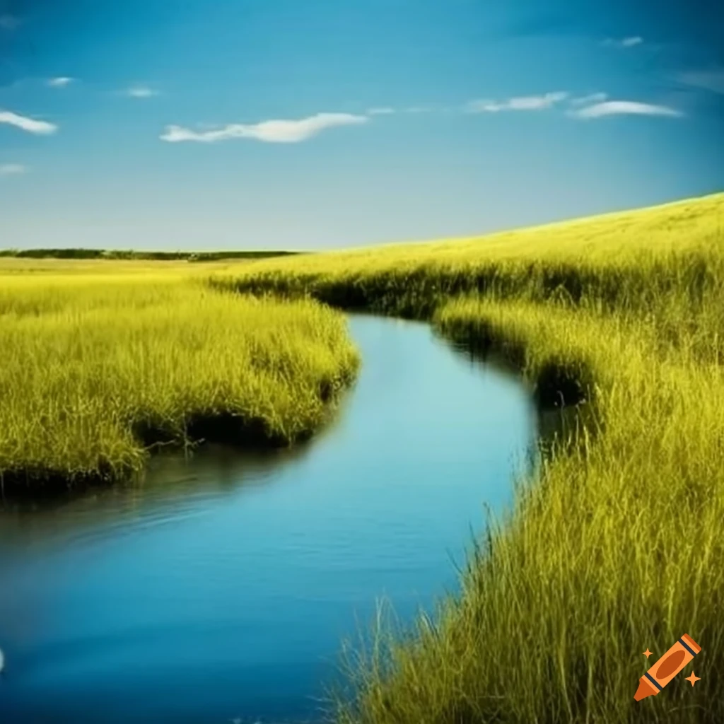 Shallow river flowing through a grassy plain