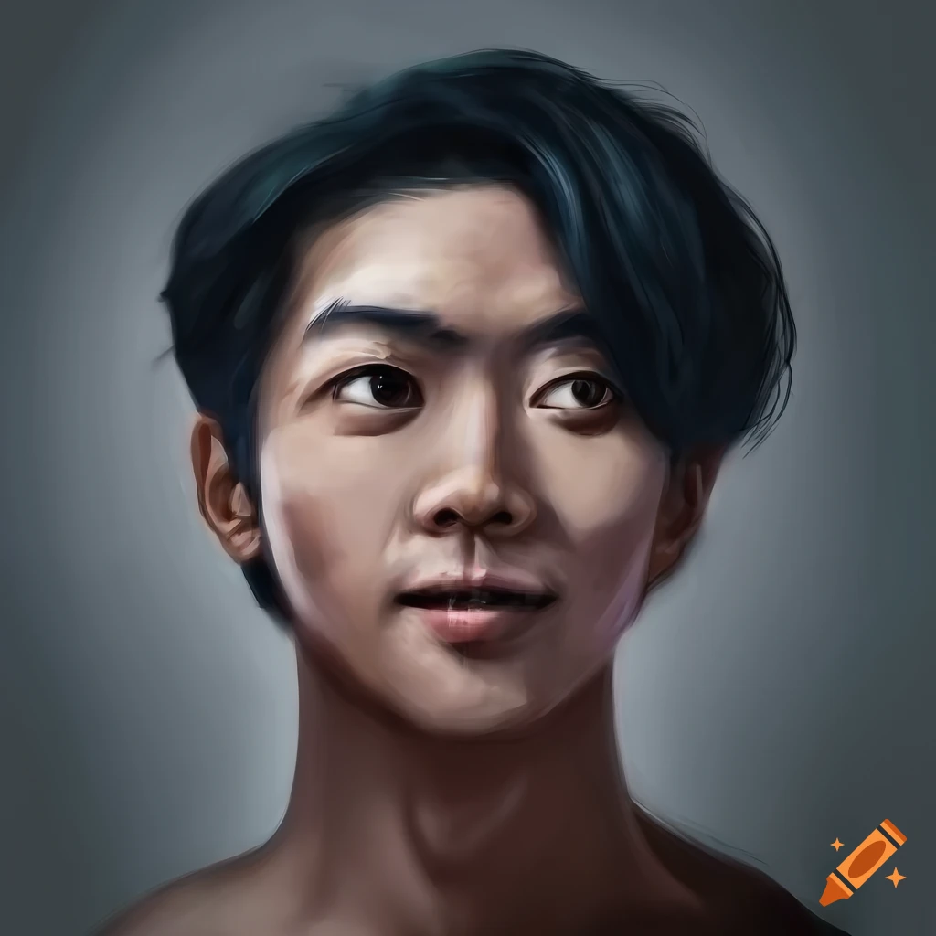 Realistic portrait of young asian man with a mysterious smile