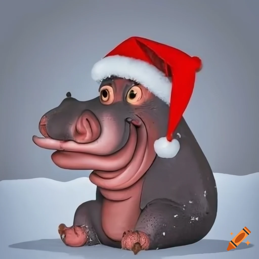 Hippo wearing a santa hat on a snowy background