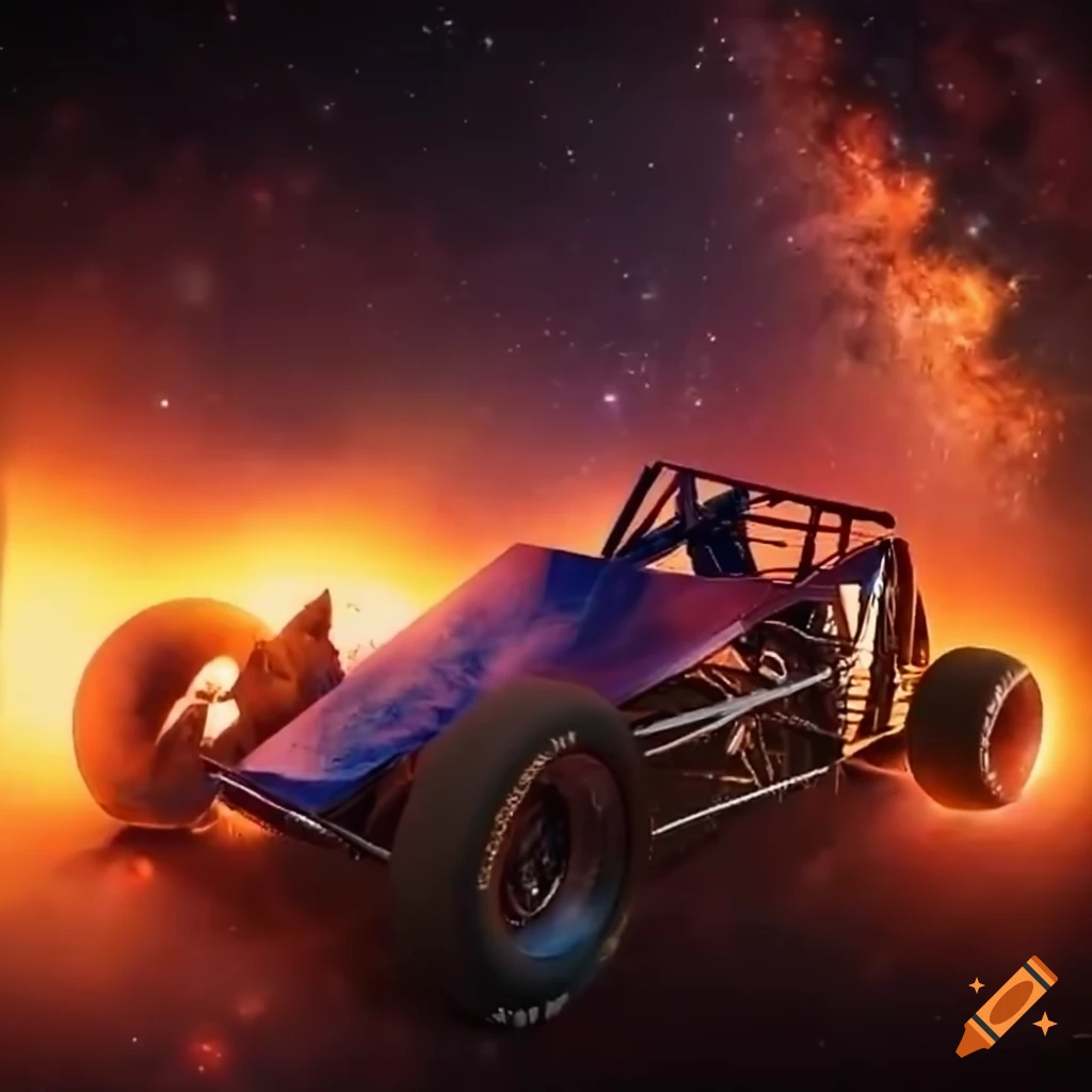Hyper-realistic art of sprint cars in cosmic background