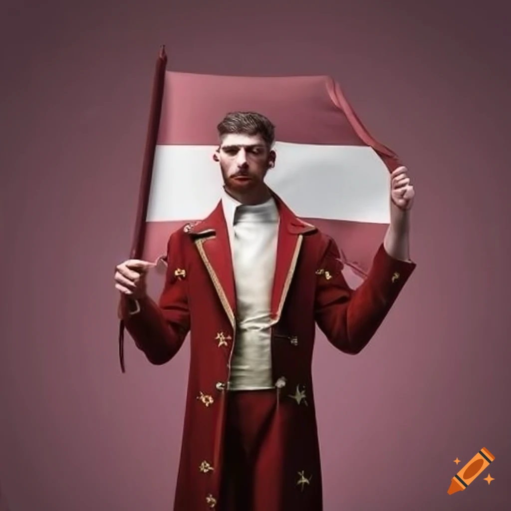 Man holding a latvian flag in a tailcoat on Craiyon