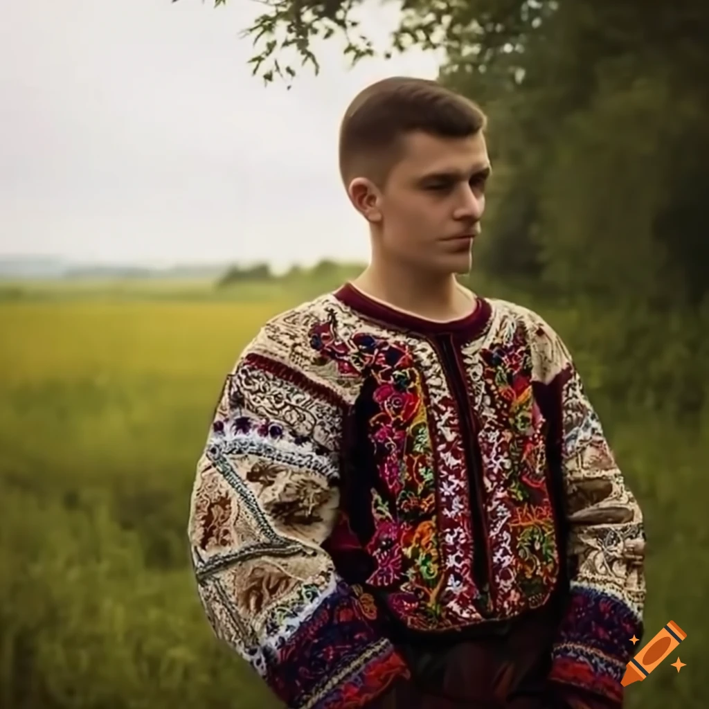 Ukrainian young man wearing traditional embroidered garment in nature