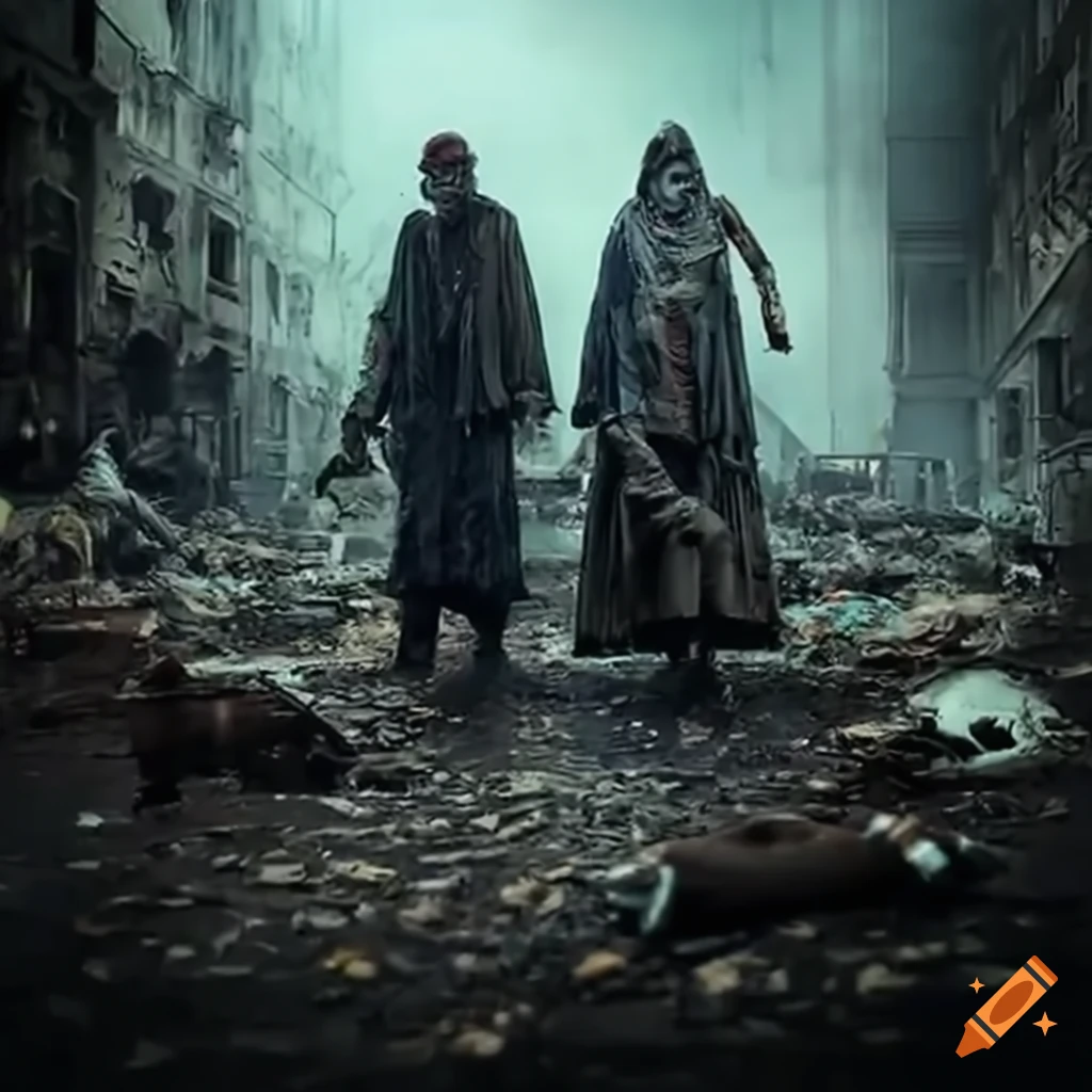 Image of survivors walking in a zombie-infested city