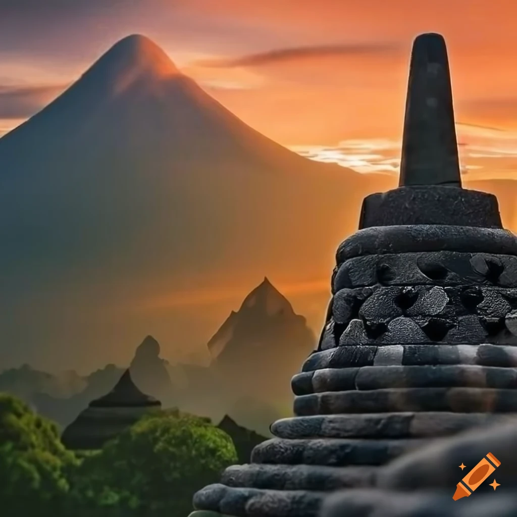 Silver coin featuring borobudur temple with mount merapi in the background