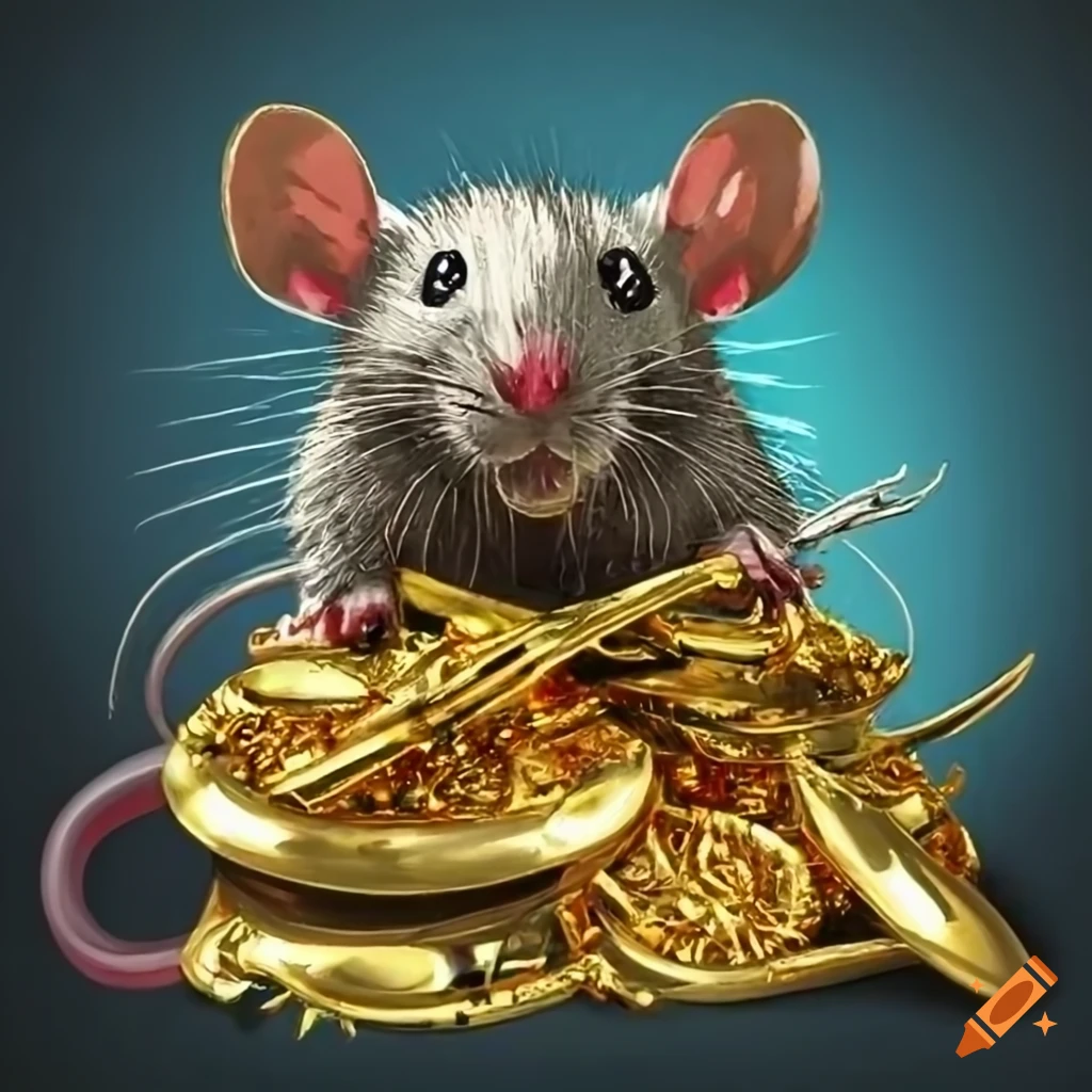 Painting of a rat surrounded by gold jewellery