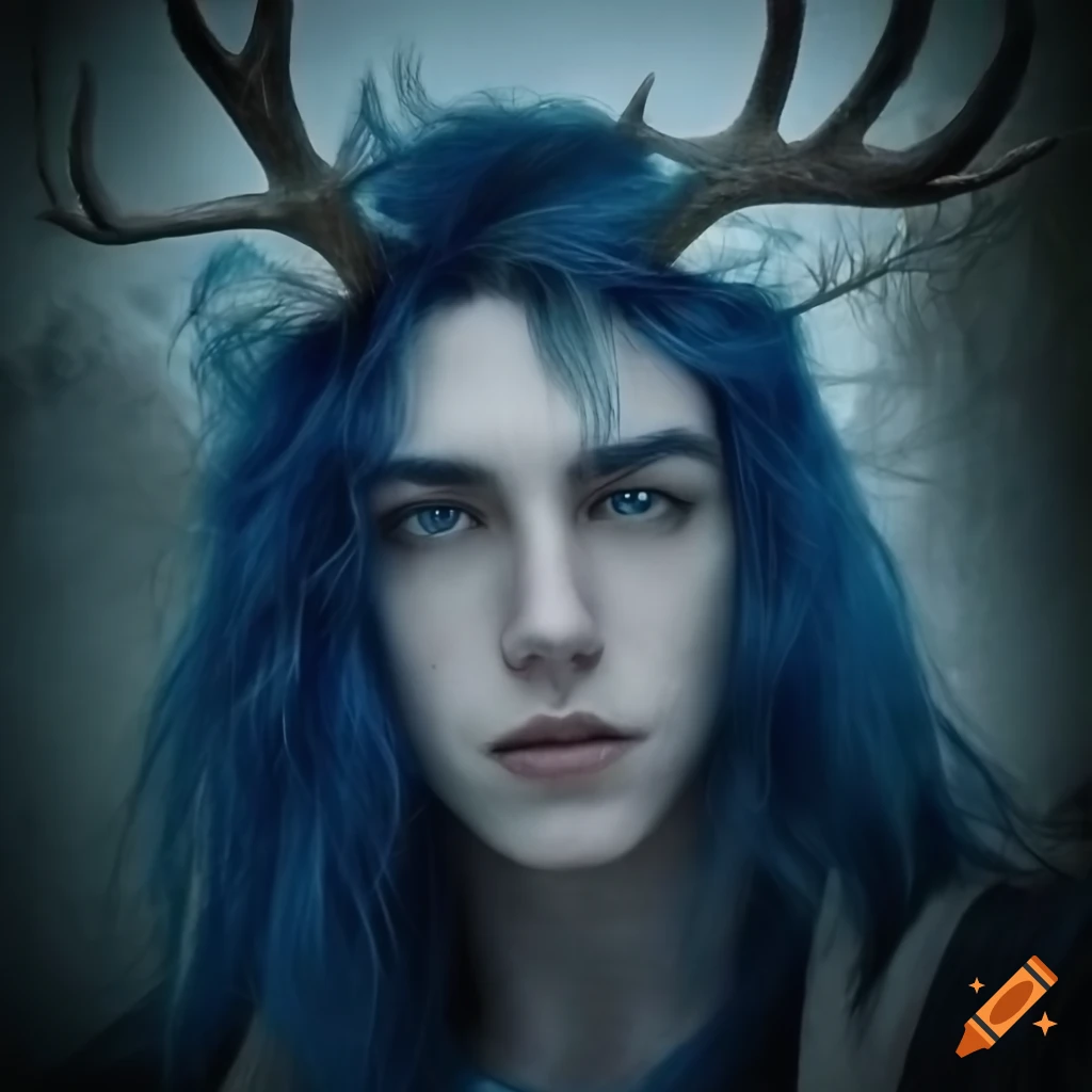 Artistic depiction of a blue-skinned fantasy character with deer ...
