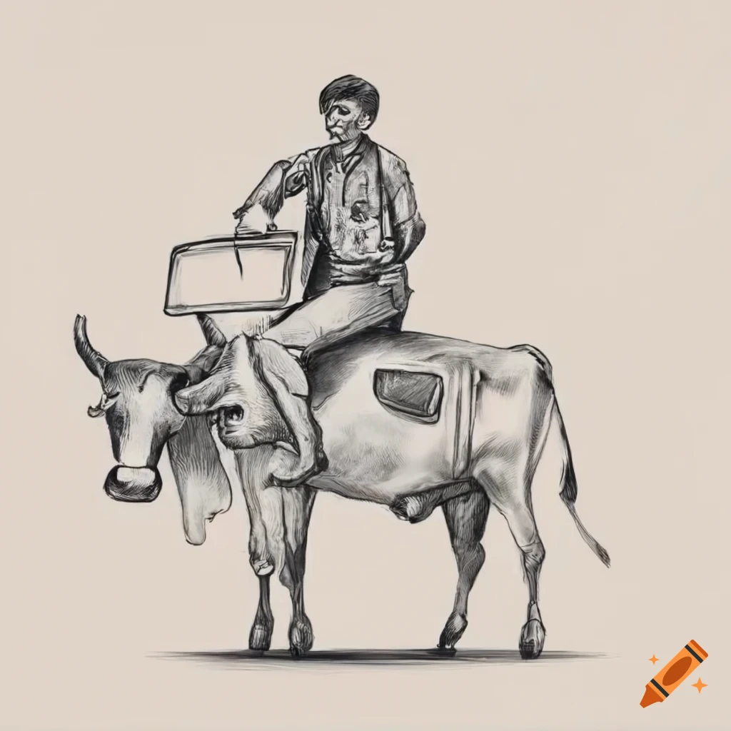 Man riding a cow with a steering wheel