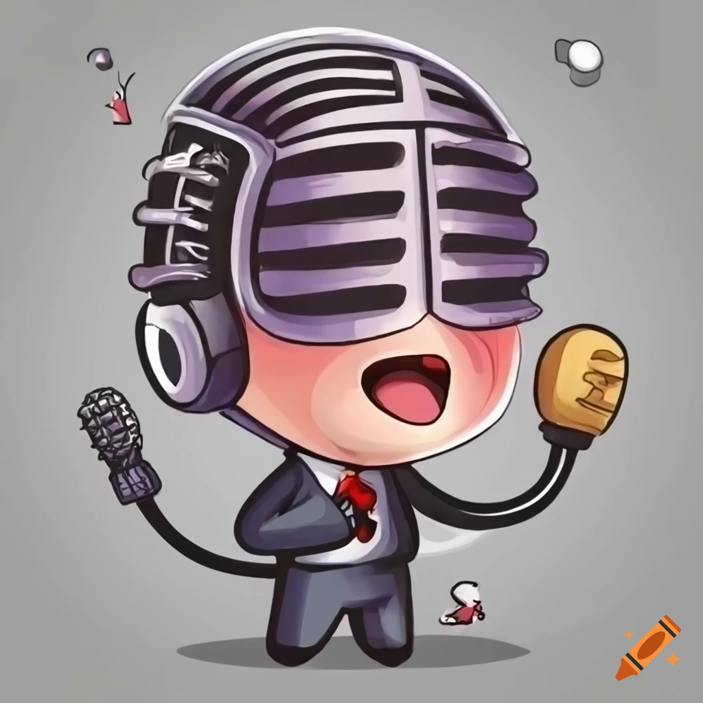 Chibi cartoon mic singing with a small mic