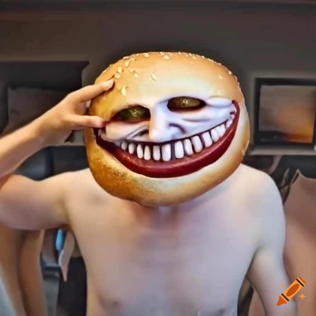 Funny meme of a man with hamburger head and troll face