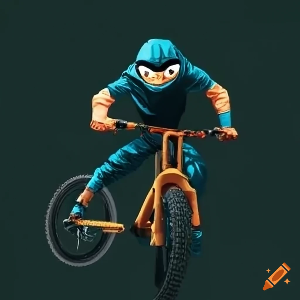 Ninja riding a mountain bike downhill on Craiyon