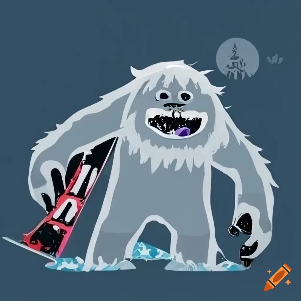 Stencil artwork of a yeti with snowboarding and skiing person on Craiyon