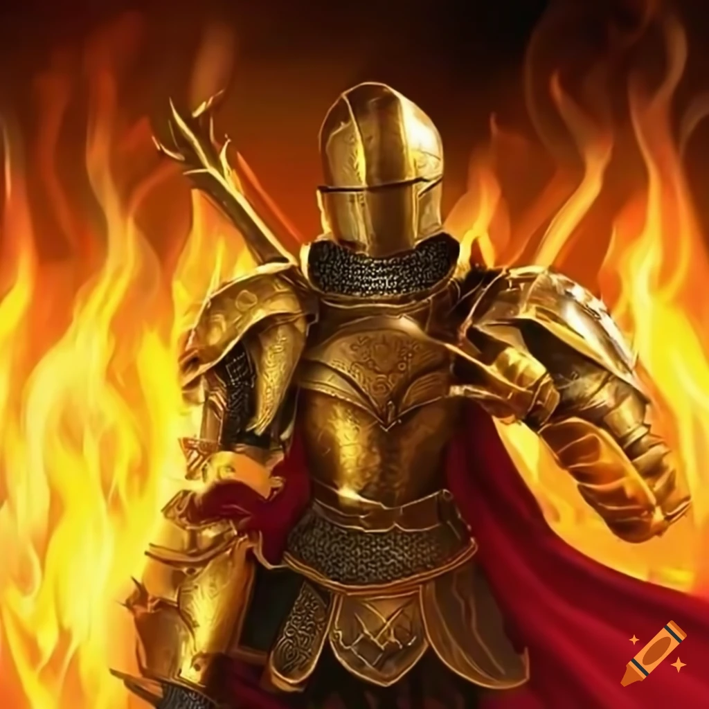 Image of a golden knight with fire in hand on Craiyon