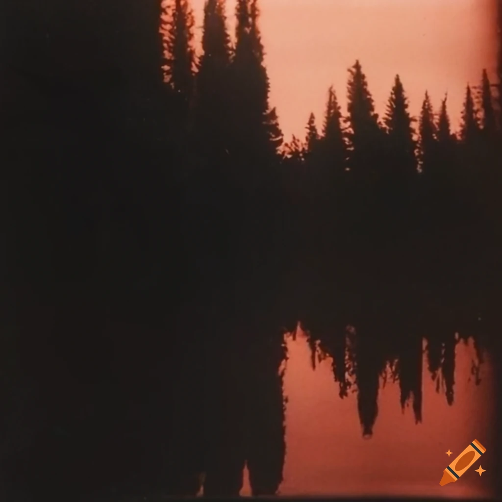 Old scratched 35mm film photograph of a sunset at the pines on Craiyon