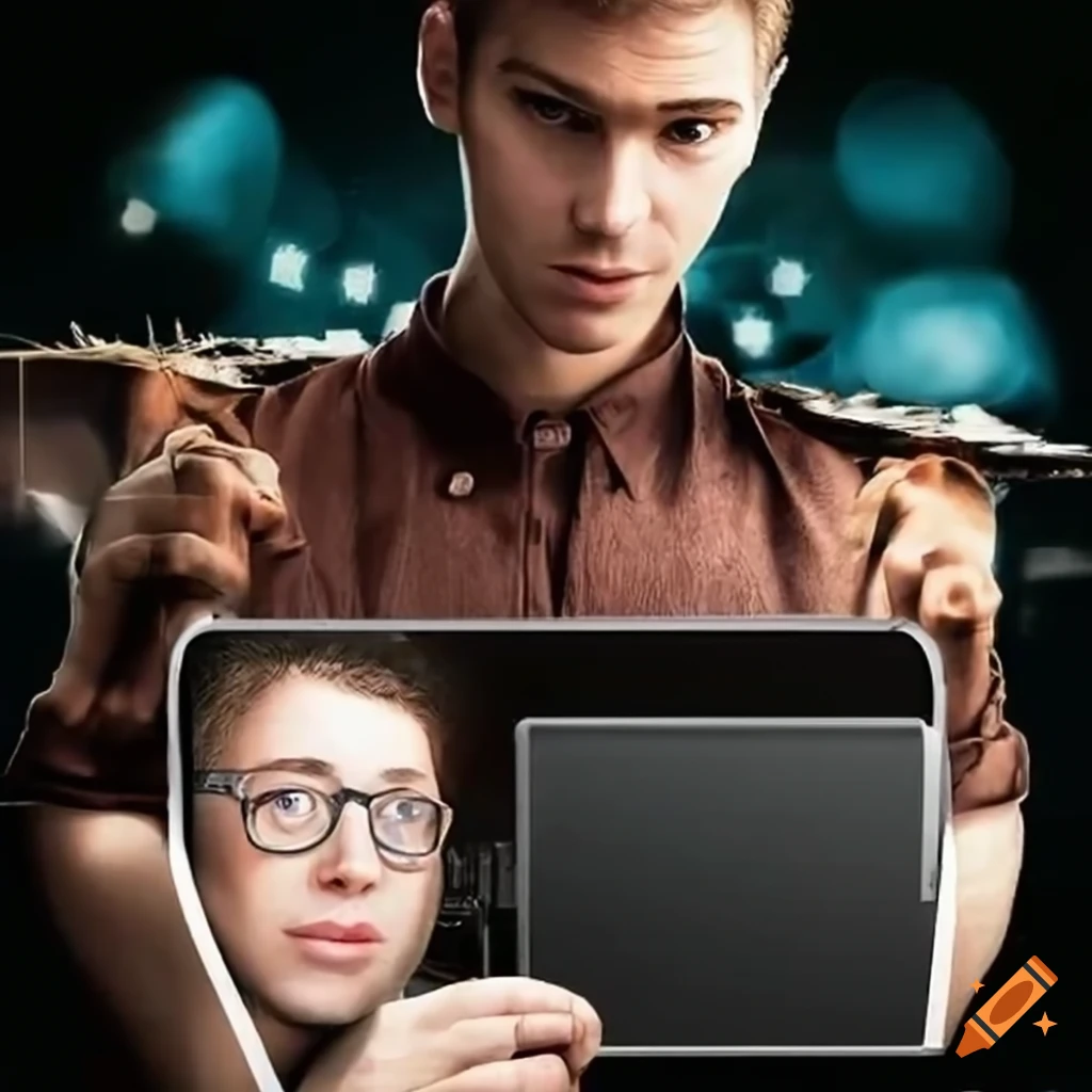 Movie poster with a tech-savvy guy and gadgets on Craiyon