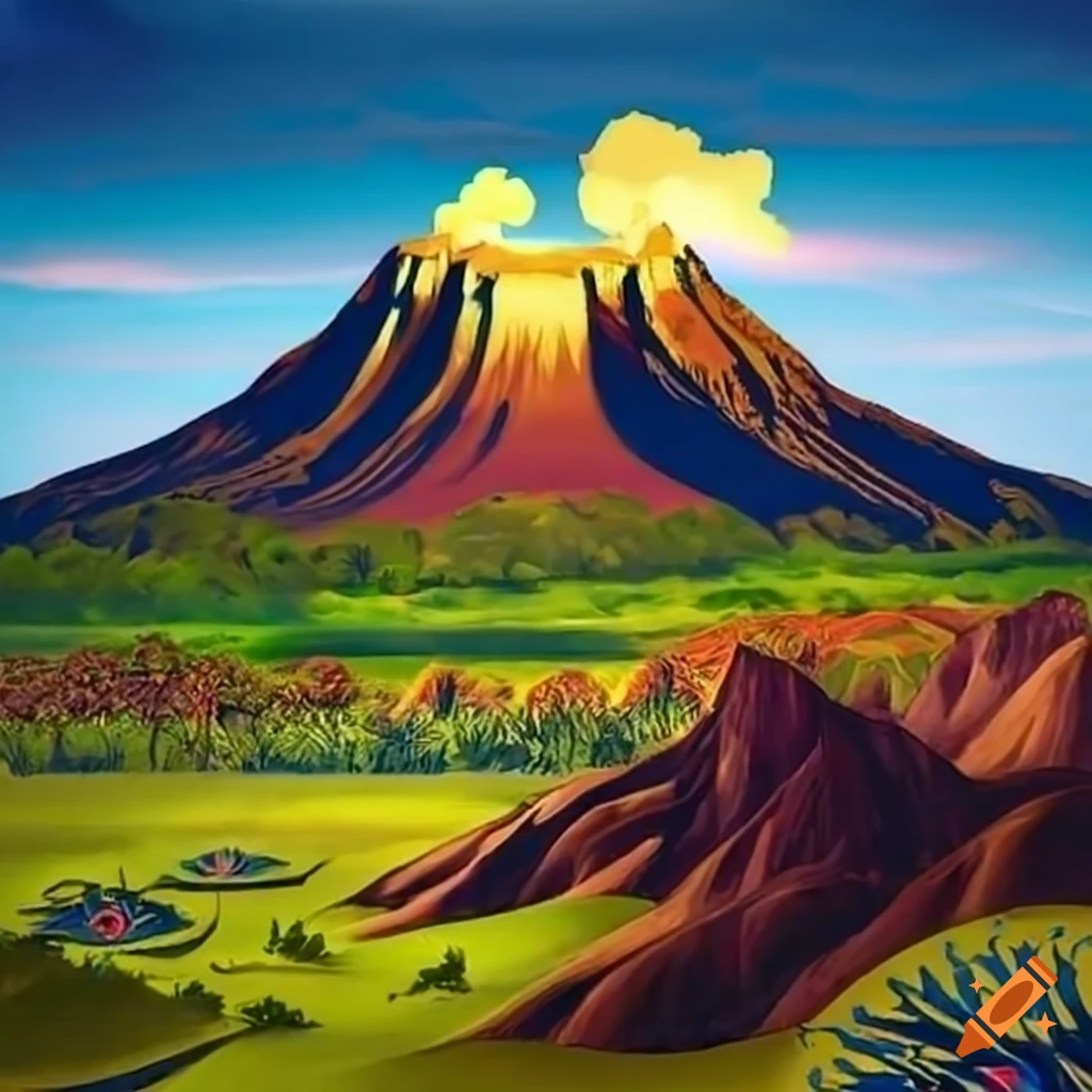 Artistic depiction of mount mona loa in hawaiian style