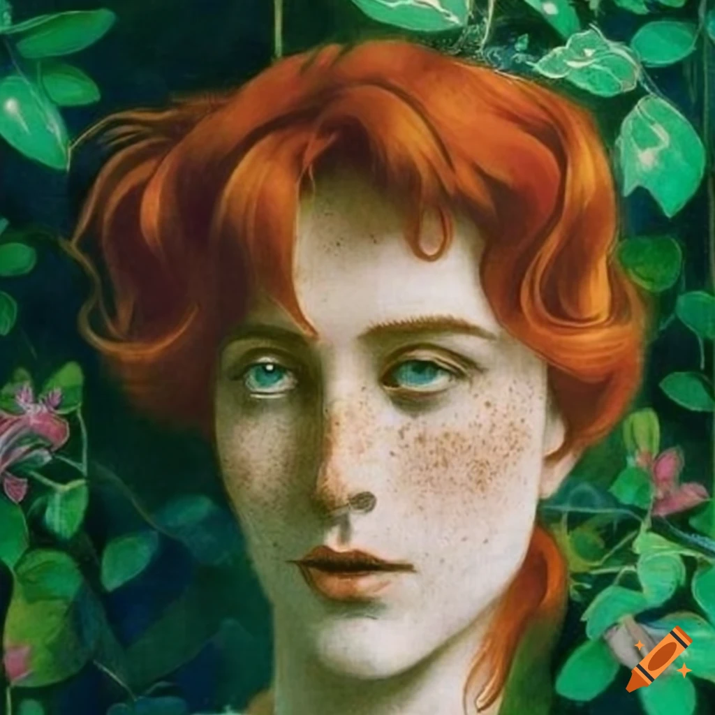 Illustration of a prince with wild red hair in a garden on Craiyon