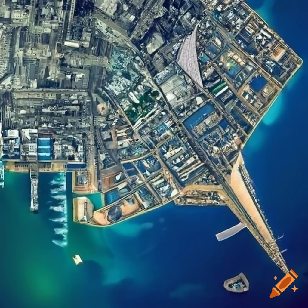 Satellite view of a futuristic city with waterfront docks on Craiyon